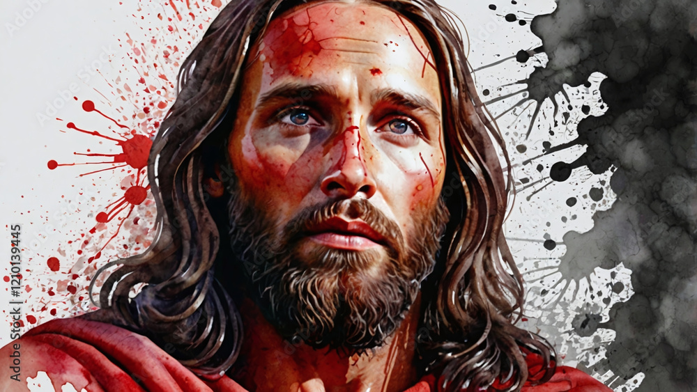 Watercolor drawing Jesus Christ. Dark and red colors. Savior for people ...