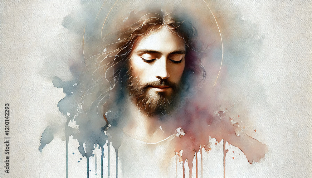 Watercolor Jesus A soft, fluid watercolor portrait of Jesus, with ...