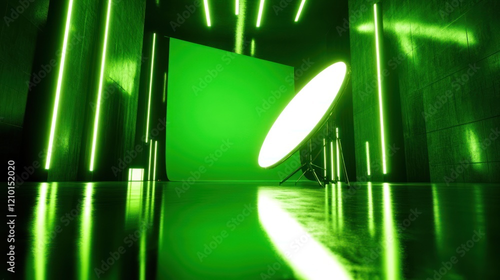 Green screen studio, neon lights, filming, reflective floor, chroma key ...