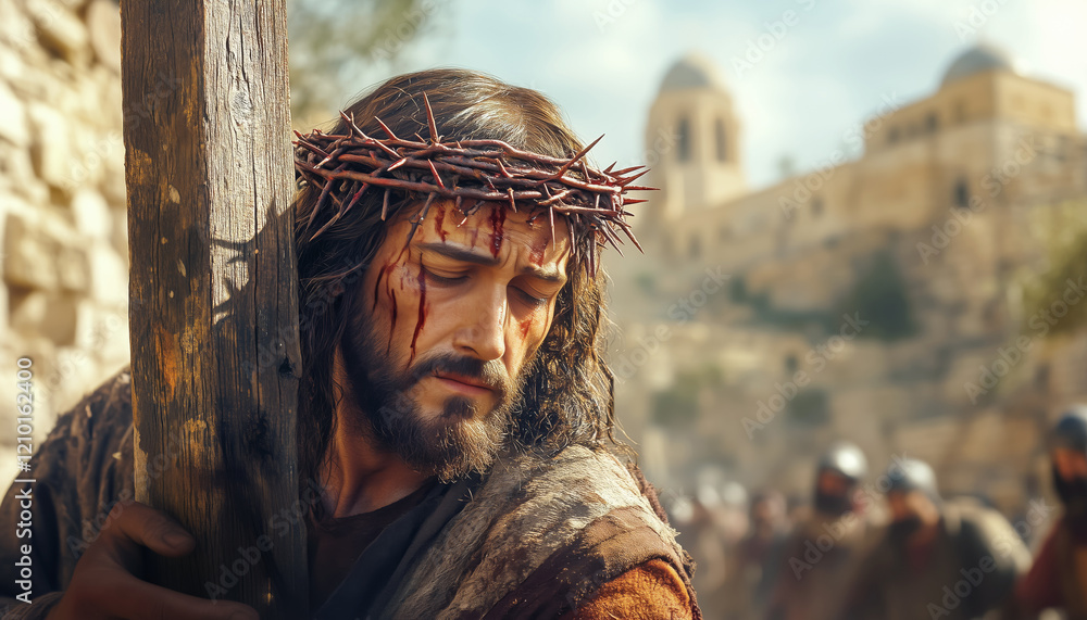 Jesus Christ carrying cross wearing crown of thorns. Expression ...