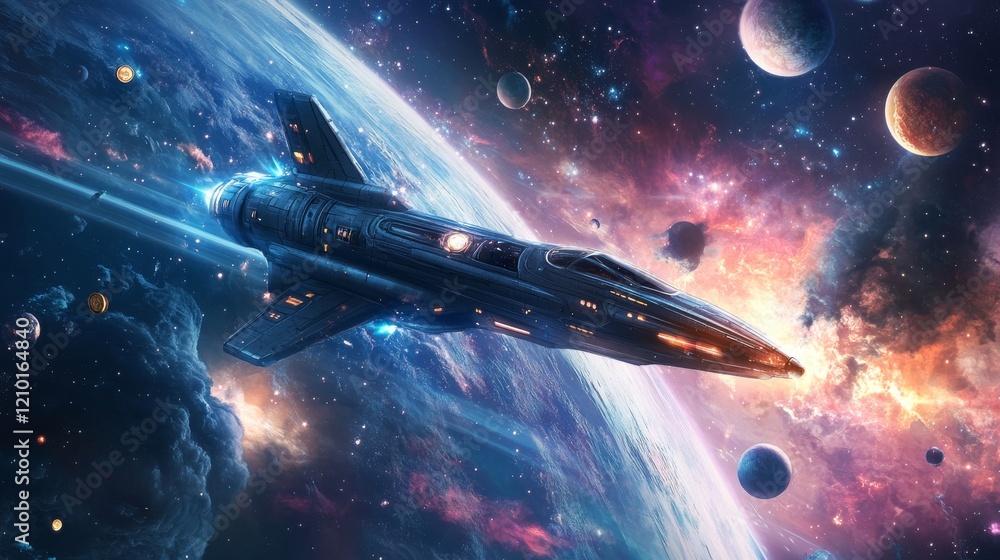 Space game level background with platforms and flying spaceship. Vector ...