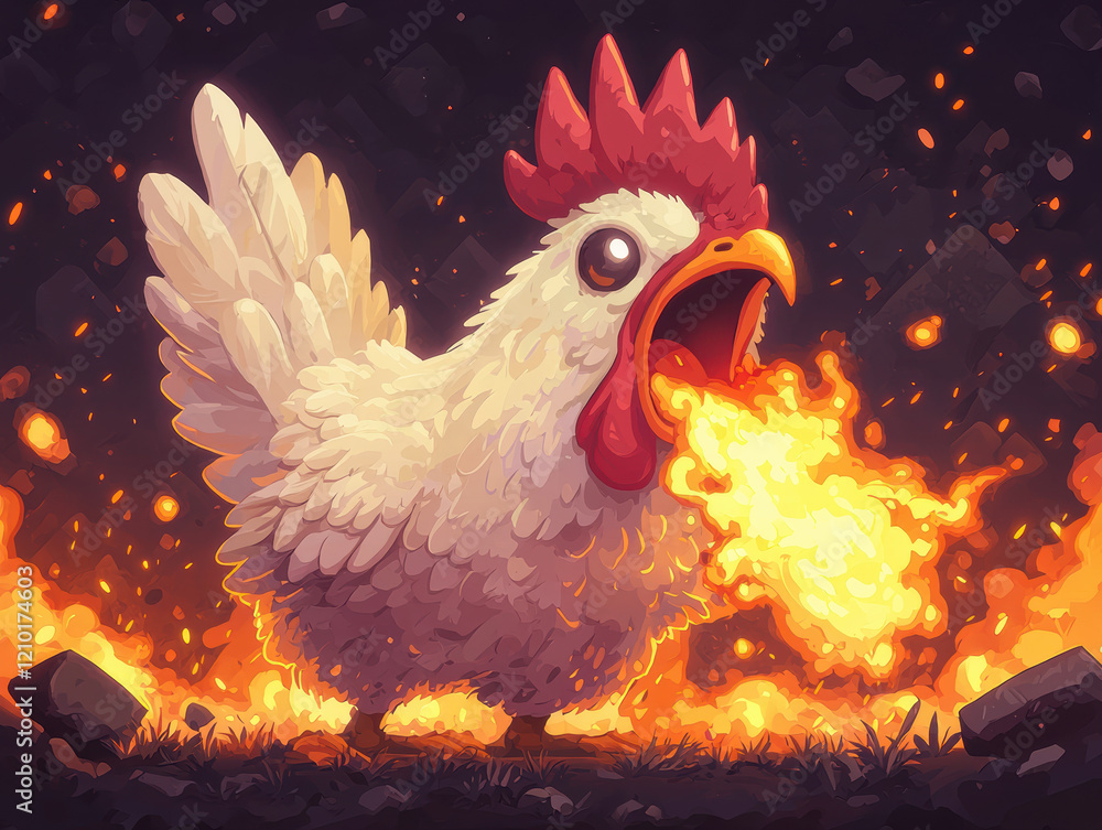 dramatic cartoon scene of giant chicken breathing fire amidst flames ...