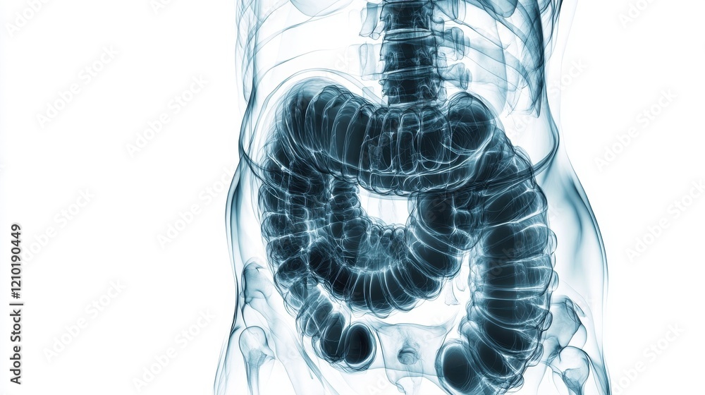 A detailed X-ray image of the human abdomen showing the intestinal ...