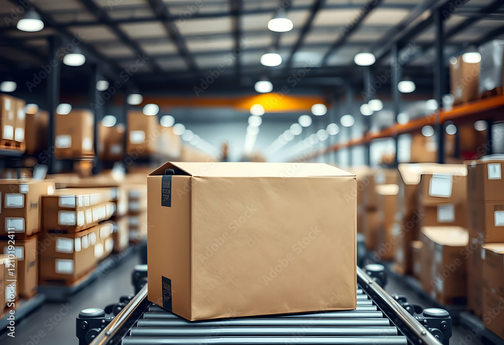 Cardboard box on conveyor belt, warehouse interior, rows of shelves ...