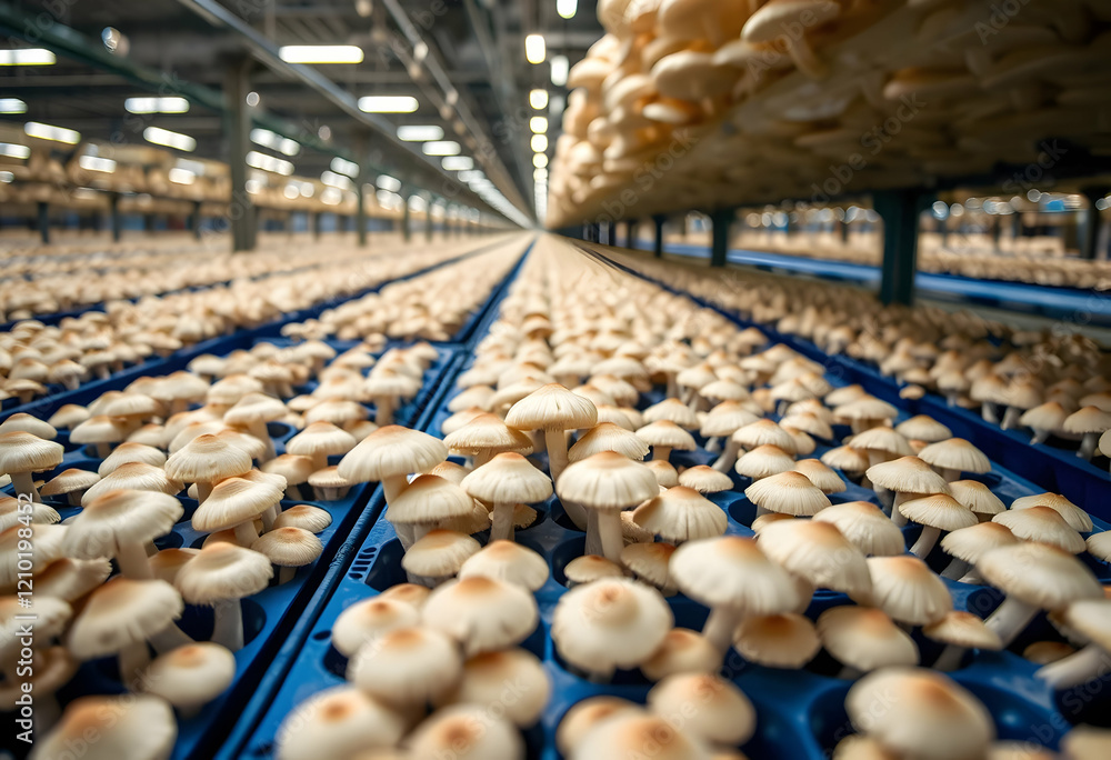 Industrial mushroom farm, long rows of white button mushrooms, blue ...