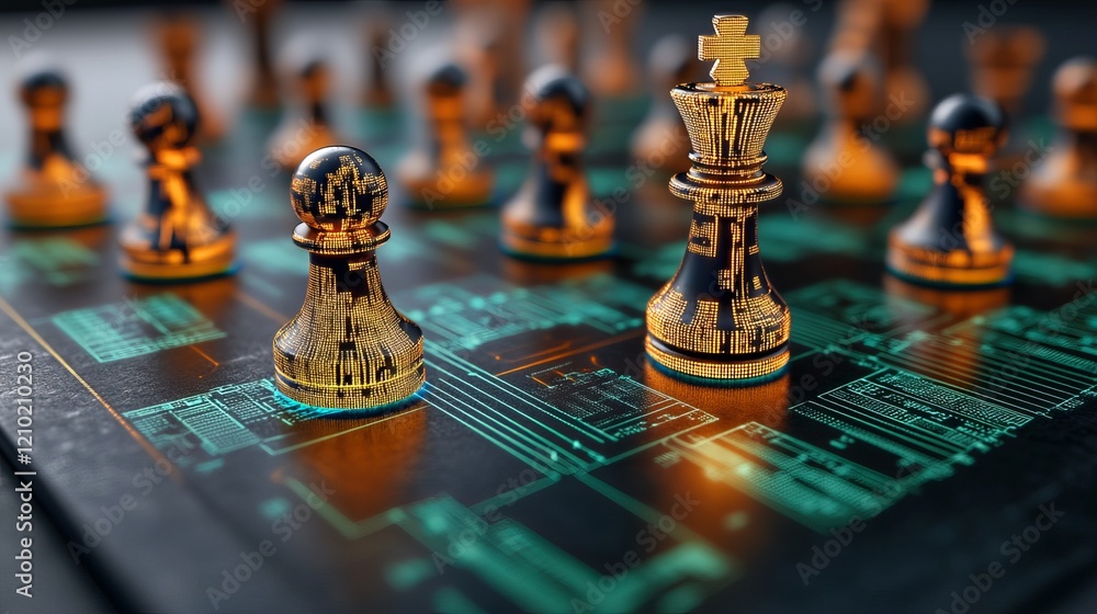 A close-up of a digital chessboard featuring high-tech pieces, with a ...