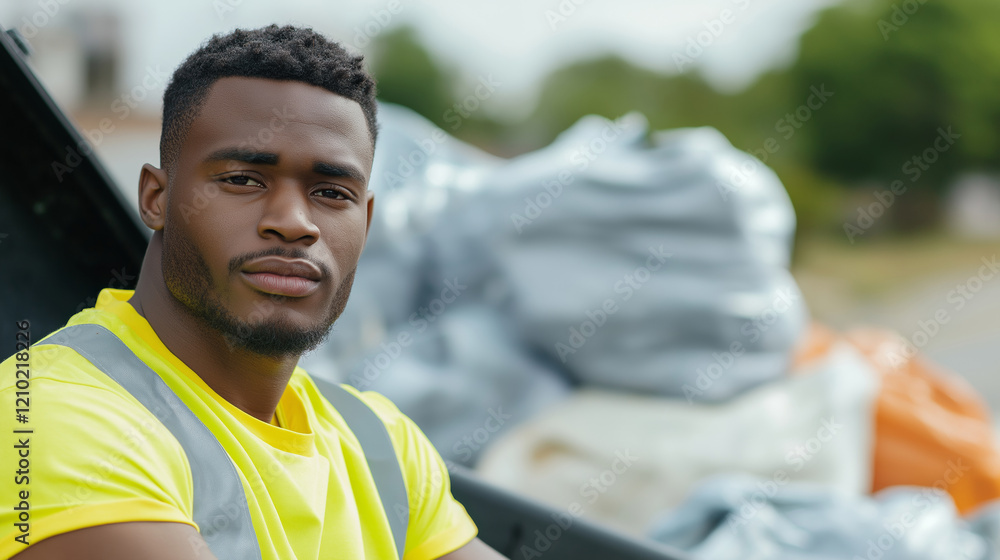African American garbage truck driver wearing reflective safety vest ...