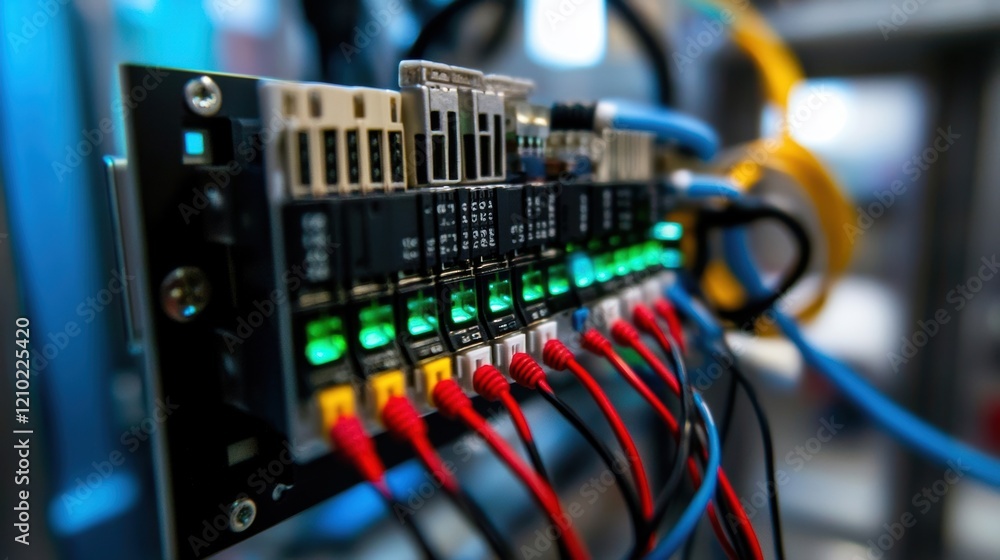 Network cables with red and yellow connectors are connected to a server ...