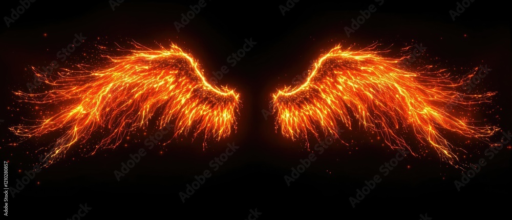 Blazing fire wings on a pitch black background with realistic effects ...