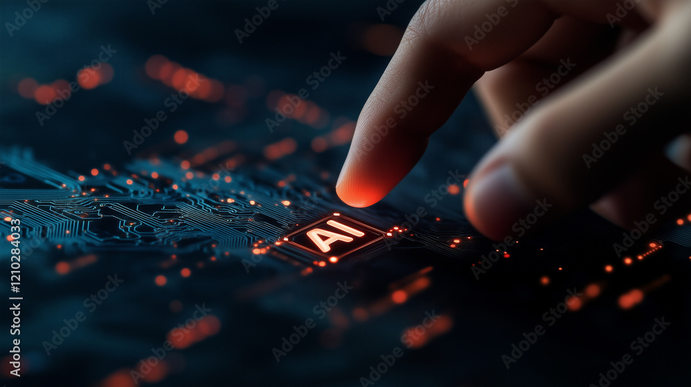 Robot index finger meets human index finger. Digital wave background ...