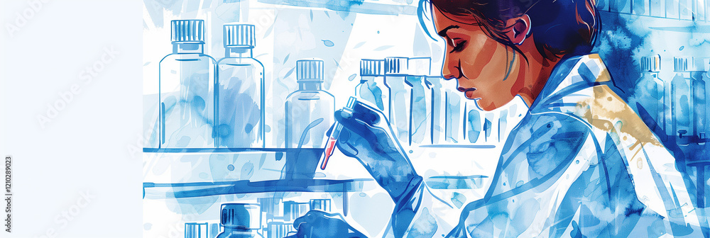 Watercolour style illustration of a female pharmaceutical lab scientist ...