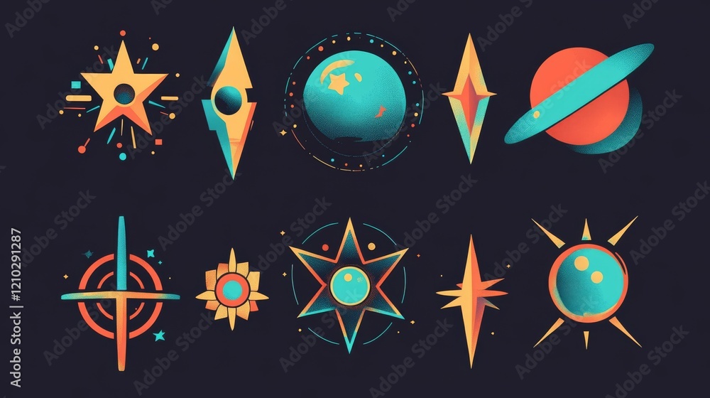 Retro futuristic sparkle icons collection. Set of star shapes. Abstract cool shine effect sign ...