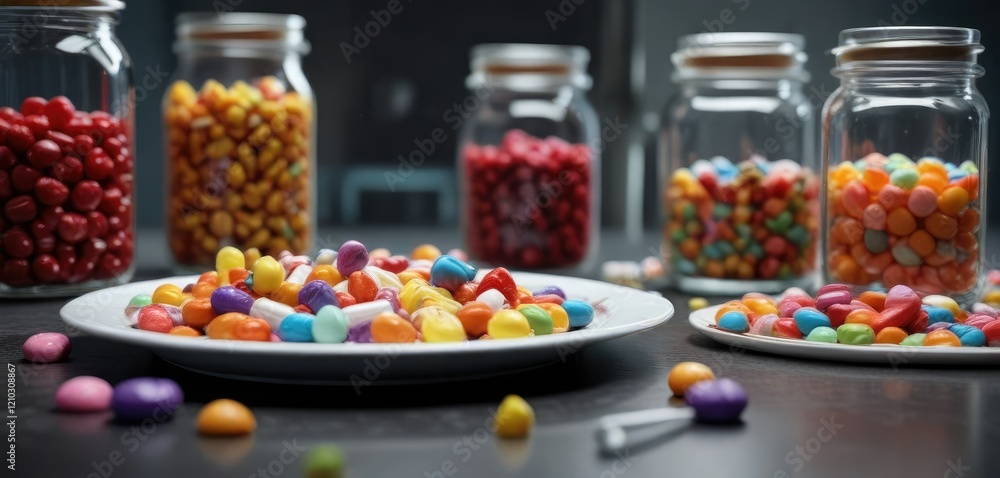 An insulin syringe lies on a plate next to jars of sweets and candies ...