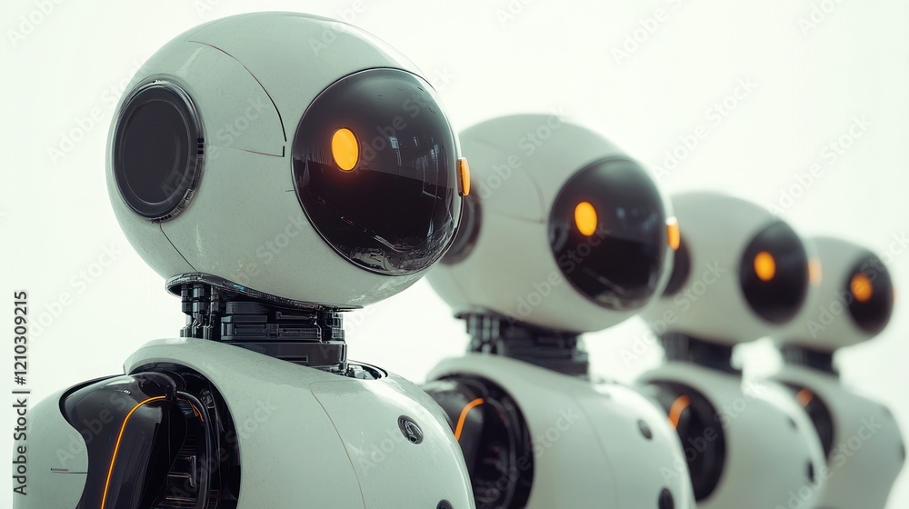 Humanoid robots with glowing blue displays work in a modern office ...