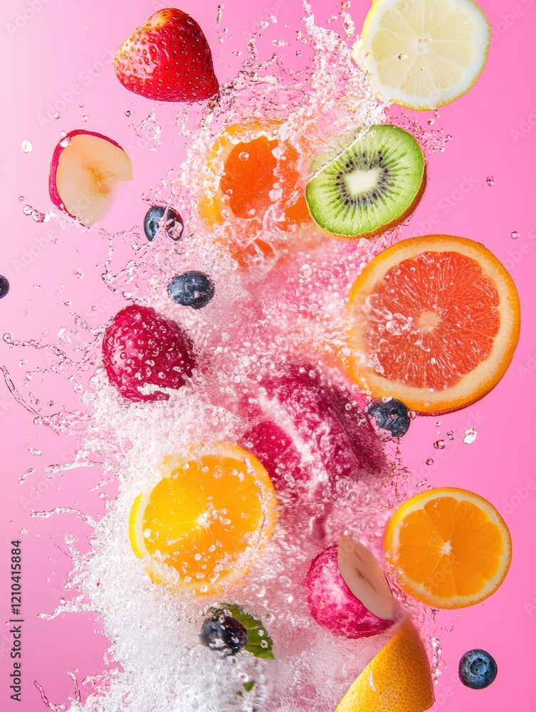 Chunks of fruit scatter under a stream of water, creating a dynamic and ...