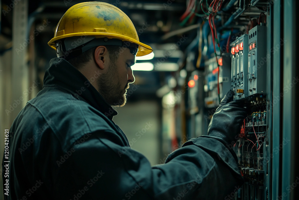 Professoinal electrician at work on a fuse box in factory, genertative ...