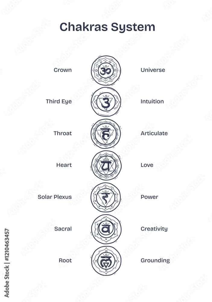 Chakras system diagram showing seven chakras with symbols and meanings ...