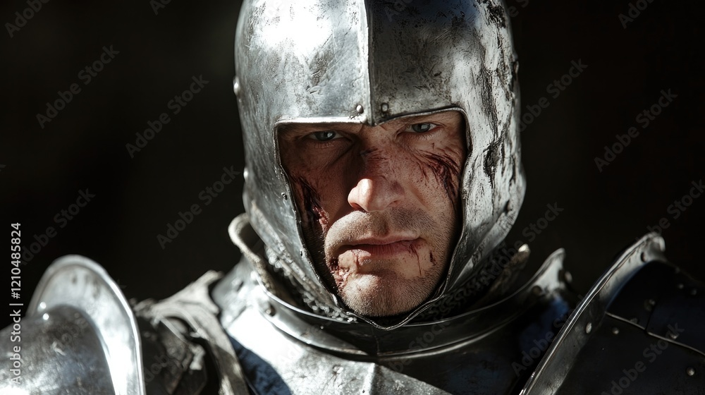 fearless knight in battle-worn armor stares intensely forward his ...