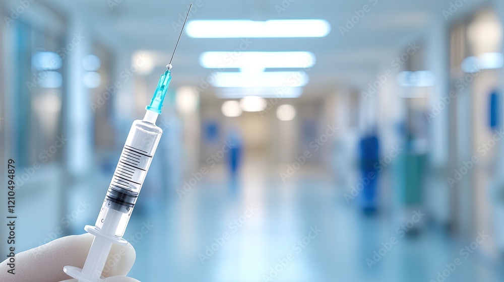 sterile syringe filled with vaccine serum held at angle against softly ...