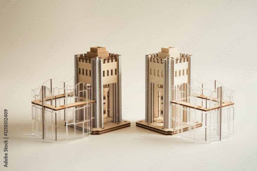 Architectural model of two towers connected by a transparent bridge ...