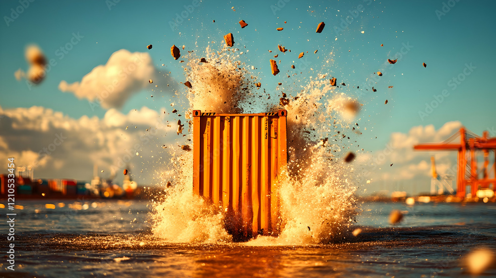 Container impact, water splash, port background, shipping industry ...
