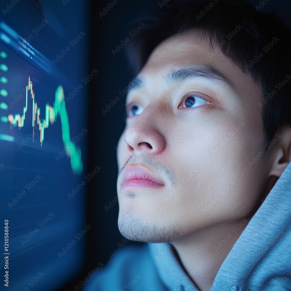 Dynamic Cryptocurrency Hub Young Trader Engages with LED Lit Workstation in High-Tech Finance ...