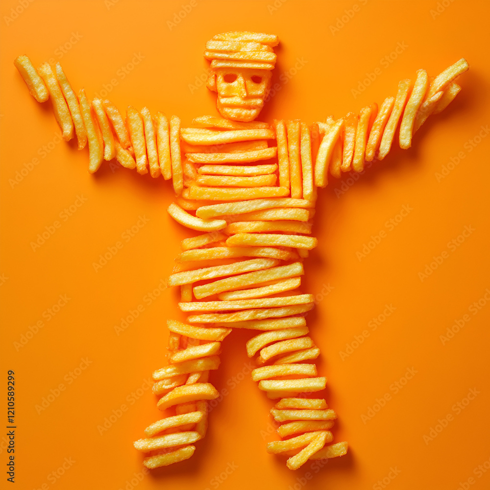 papas fritas que hacen una figura de un criminal, sobre un fondo ...