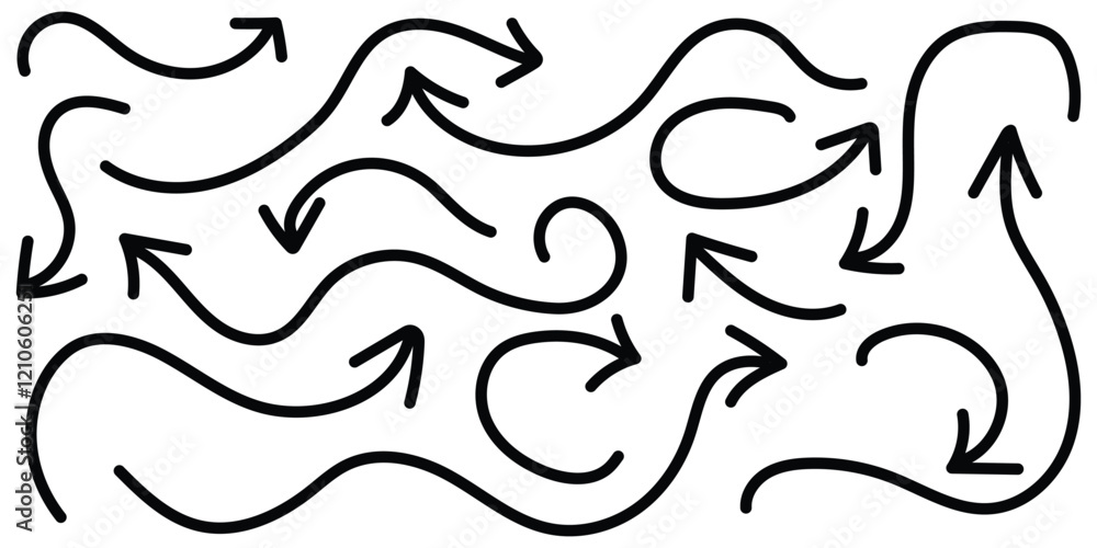 Collection of curved arrows. Set simple curved hand drawn arrows. Black ...