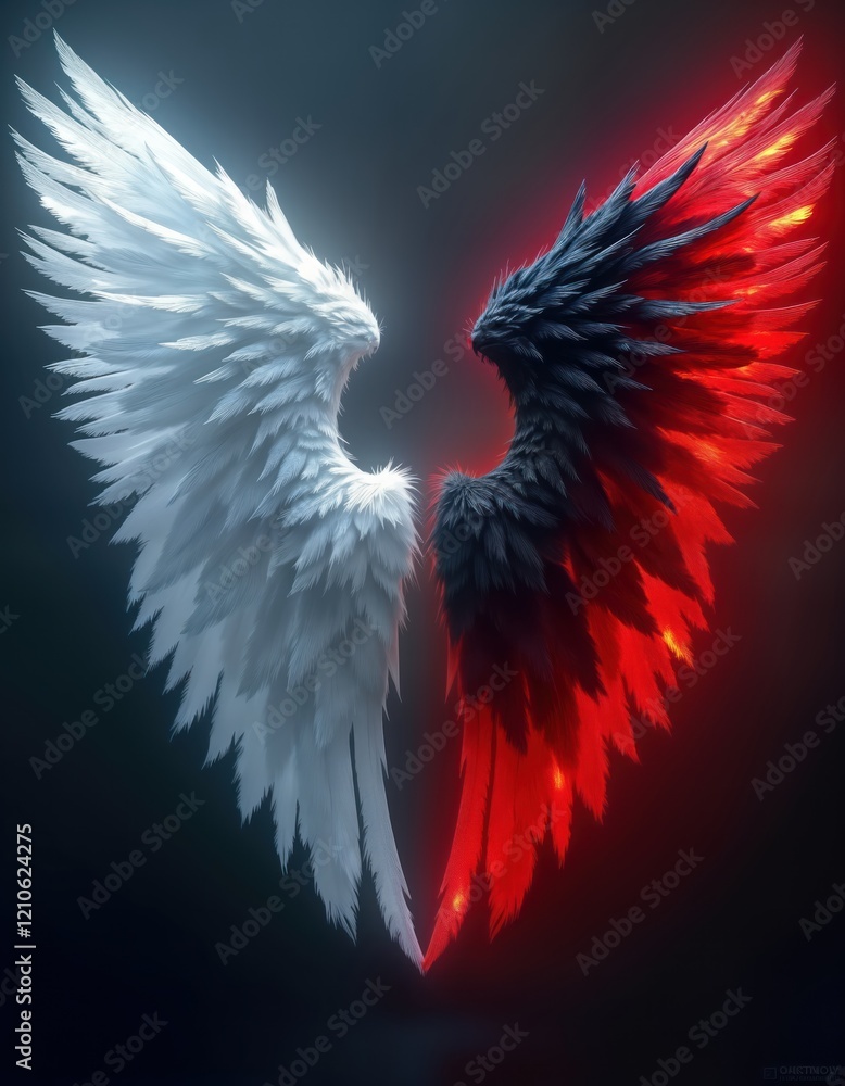 Powerful contrast of good, evil wings. White glowing angel wing, dark ...