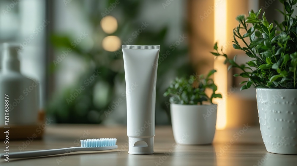 Tube of toothpaste with a toothbrush positioned beside it, highlighting ...