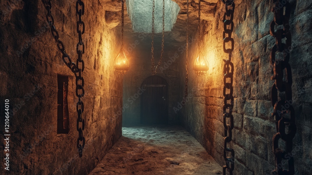 Dimly lit medieval dungeon room with eerie atmosphere, stone walls ...