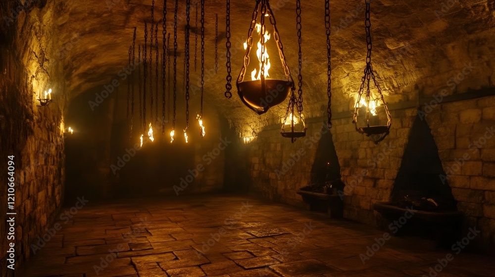 Dimly lit medieval dungeon room with eerie atmosphere, stone walls ...