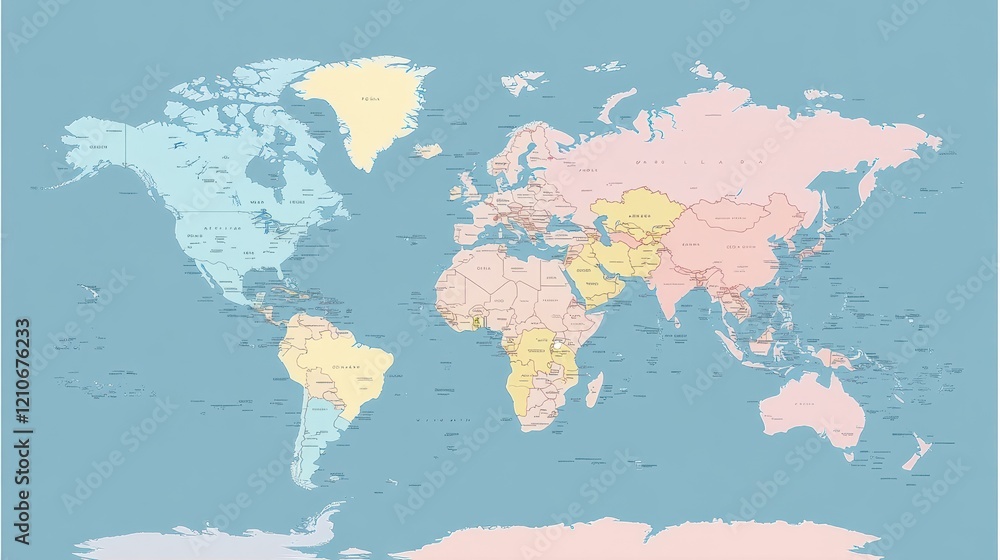 world map with continents filled in a palette of complementary pastel ...