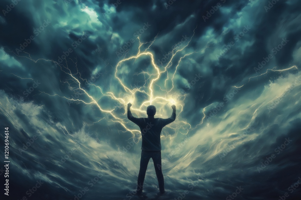 Man standing in the middle of a raging storm, controlling lightning ...