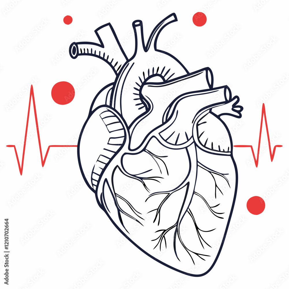 Stylized heart anatomy illustration with ECG rhythm line and blood ...