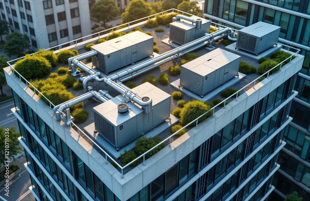 Aerial view of modern office building rooftop HVAC system. Complex ...