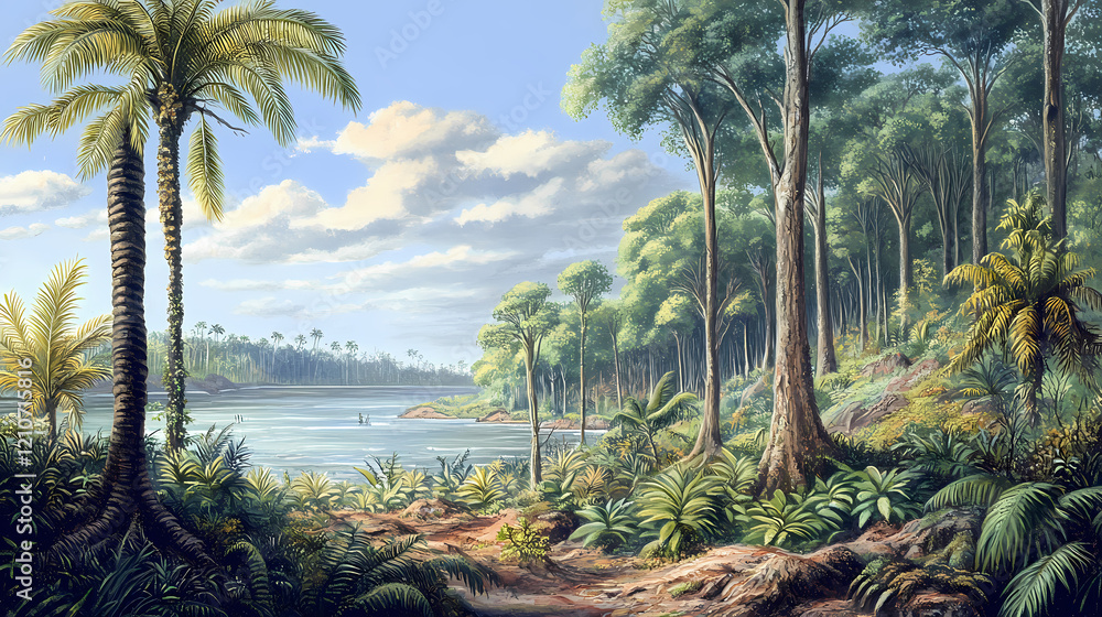 Ilustración de Stock Ancient tropical forest filled with ferns, cycads ...
