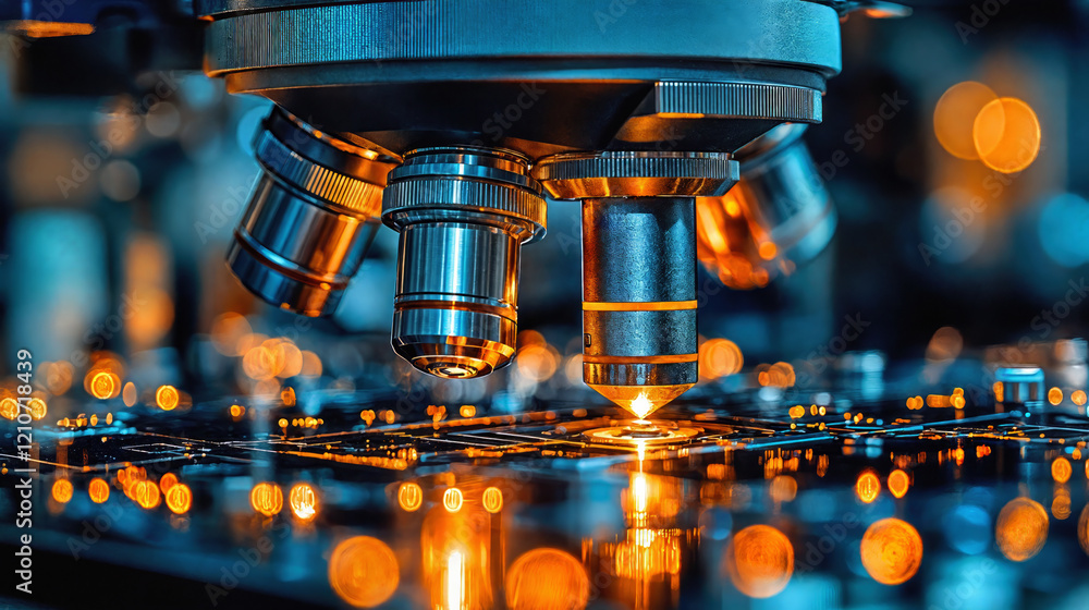 Precision microscope lens examining illuminated semiconductor circuit ...