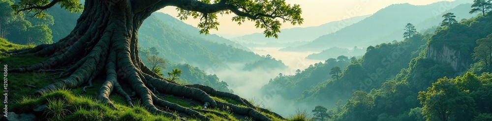 Ancient tree roots stretching from the earth into a misty forest of ...