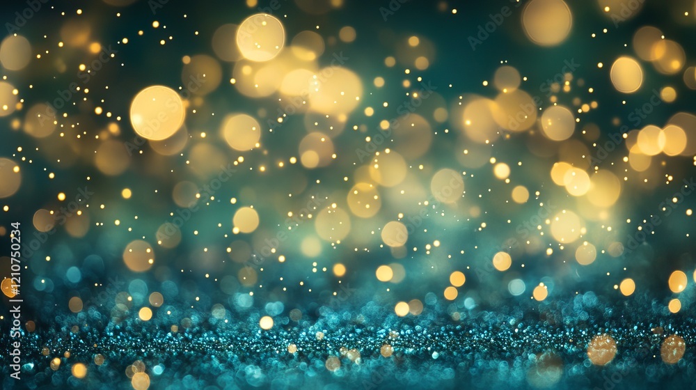Golden specks float in a shimmering blue liquid with a green tint. Tiny ...