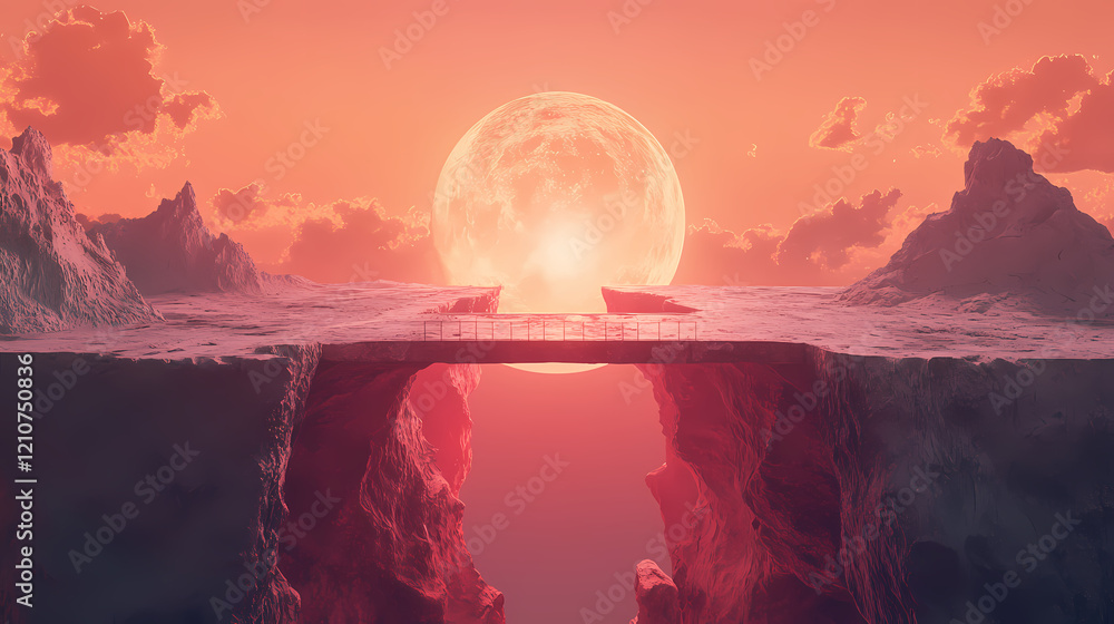 A surreal bridge connecting two floating islands in a cosmic landscape ...