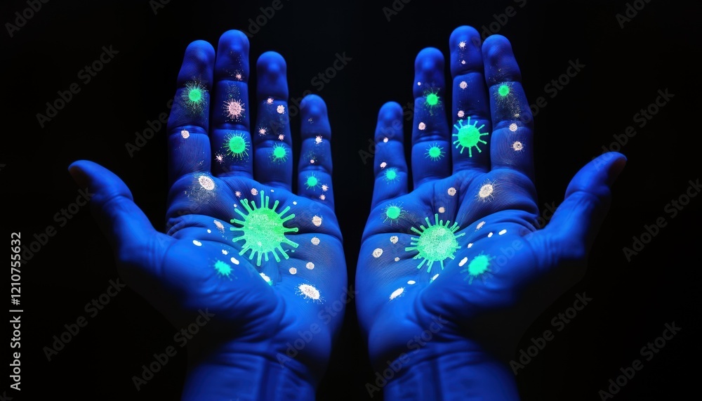 Human hands painted blue glow under UV light. Microbes, viruses ...