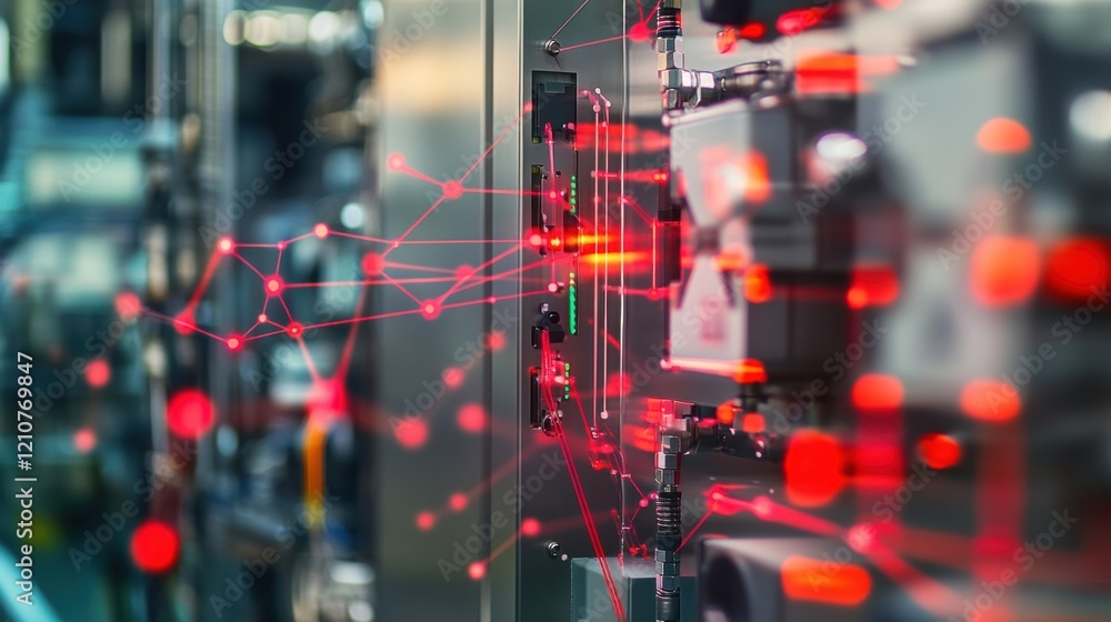 Red network connections are visualized between components of an ...