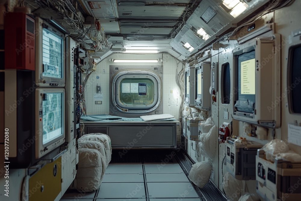 Inside a futuristic spacecraft cabin, soft ambient light highlights ...