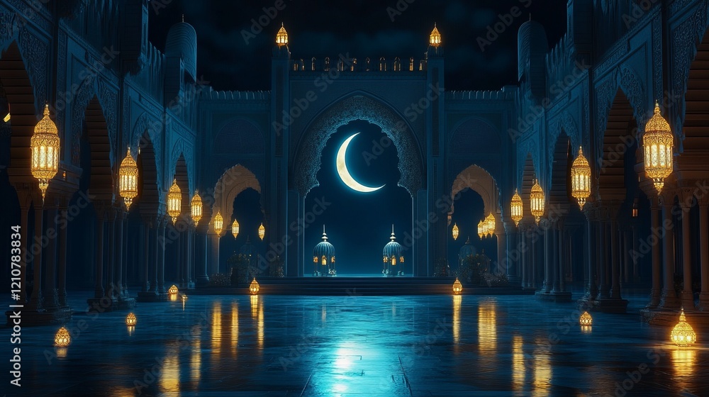 Majestic mosque with crescent moon and glowing lanterns at night, deep ...