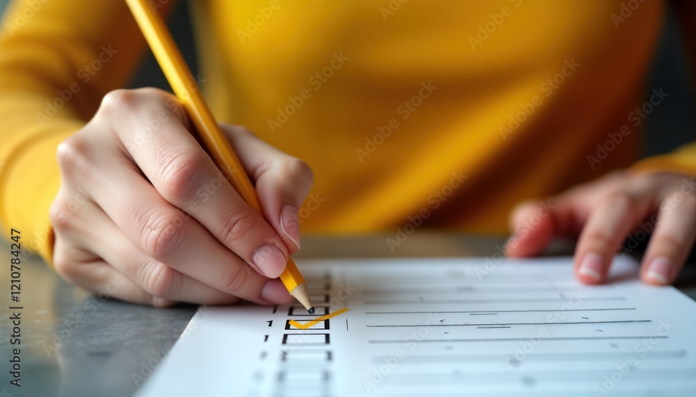Person completes survey form. Hand with pencil marks check box. Yellow ...