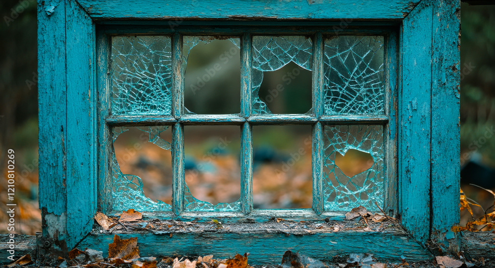 Broken blue window frame in a forest. A cracked blue window frame lies ...