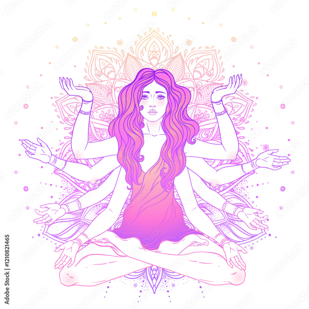Beautiful woman with long hair and multiple hands sitting in lotus yoga ...