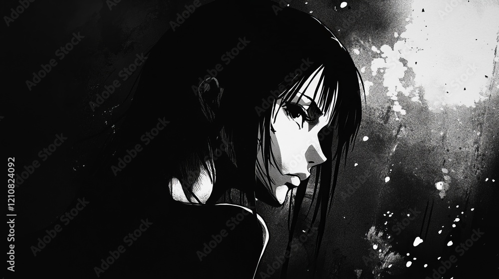 Stylized manga panel, high-contrast black and white illustration ...