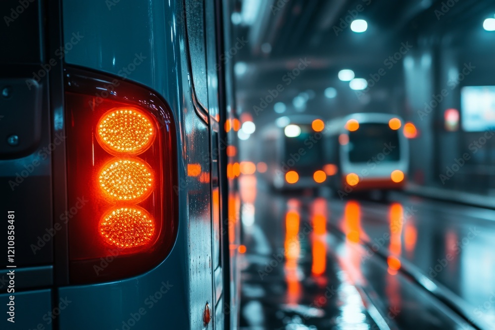 Evening view of city bus terminal with illuminated lights reflecting on ...